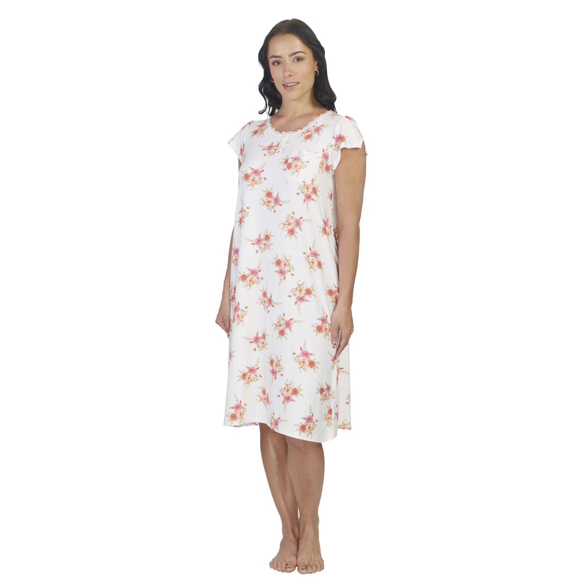 Women's Mid Calf Night Gown With Short Slit Sleeves